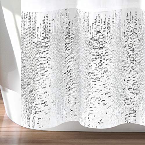 Lush Decor 1 Shimmer Sequins Shower Curtain | Chic Sparkle Design for Bathroom, 70” x 72”, Silver and White, 70" x 72"