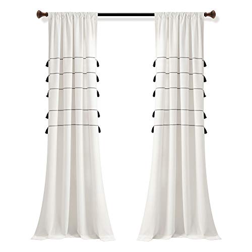 Lush Decor Farmhouse Boho Stripe Woven Tassel Yarn Dyed Cotton Window Curtain Panel Pair, 42" x 84" , Ivory & Black