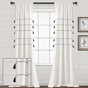 Lush Decor Farmhouse Boho Stripe Woven Tassel Yarn Dyed Cotton Window Curtain Panel Pair, 42" x 84" , Ivory & Black