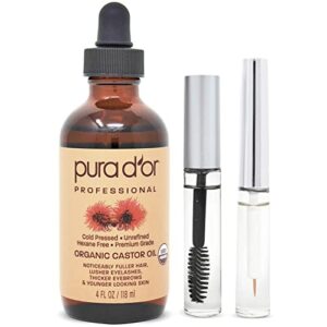 pura d’or organic castor oil (4oz + 2 bonus pre-filled eyelash & eyebrow brushes) 100% pure, cold pressed, hexane free growth serum for fuller, thicker lashes & brows, moisturizes & cleanses skin