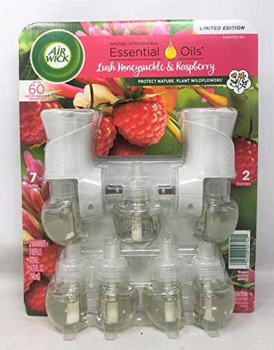 Air Wick Pug In Scented Oil Refills Bonus Pack, Lush Honeysuckle and Raspberry Scent, Essential Oils Air Freshener, Includes 7 Refills plus 2 Starter Kits