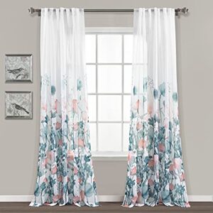 lush decor zuri flora sheer window curtain panel pair, 84″ long x 38″ wide, blue & coral