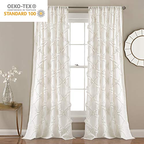 Lush Decor, White Ruffle Diamond Curtains Textured Window Panel Set for Living, Dining Room, Bedroom (Pair), 84” x 54, 2 Count