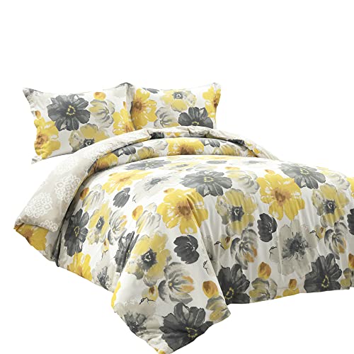 Lush Decor Leah 6 Piece Floral Duvet Set, King, Yellow & Gray