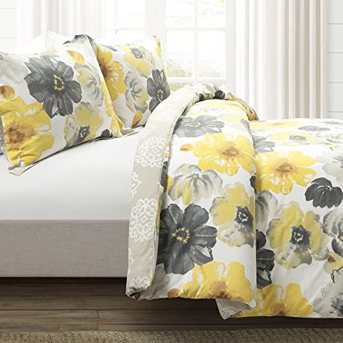 Lush Decor Leah 6 Piece Floral Duvet Set, King, Yellow & Gray