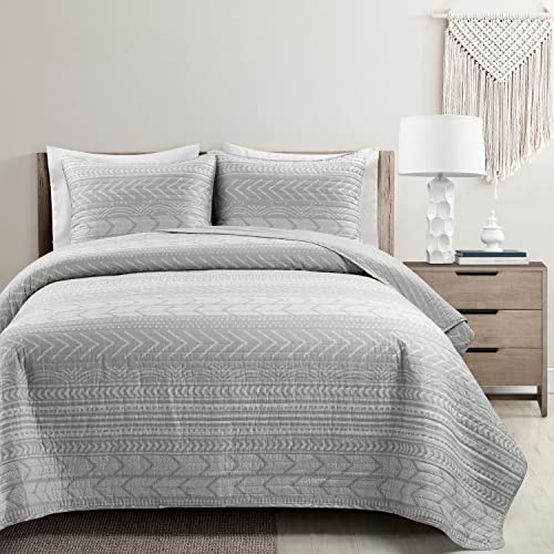 Lush Decor Hygge Geo Pattern Striped 3 Piece Quilt Bedding Set, Full/Queen, Light Gray