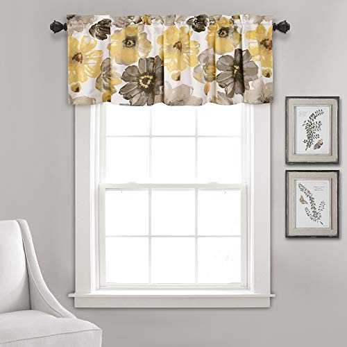 Lush Decor Leah Room Darkening Window Curtain Valance Floral Insulated Grommet, Valance, Yellow and Gray