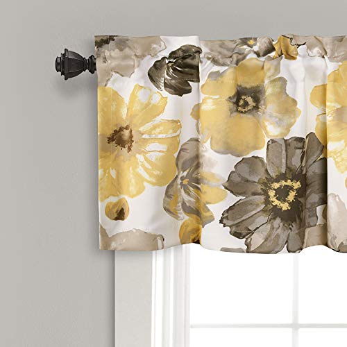 Lush Decor Leah Room Darkening Window Curtain Valance Floral Insulated Grommet, Valance, Yellow and Gray