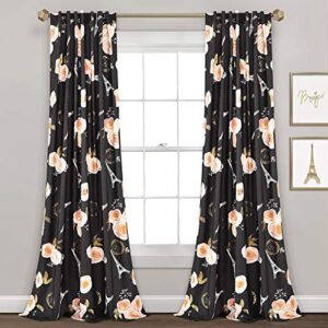 lush decor black vintage paris rose butterfly 2-piece window curtain panel set, long floral polyester themed pattern (84″ x 52″)