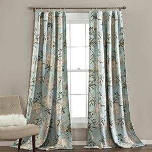 lush decor botanical garden curtains floral bird print room darkening window panel drapes set for living, dining, bedroom (pair), 84″ x 52″, blue