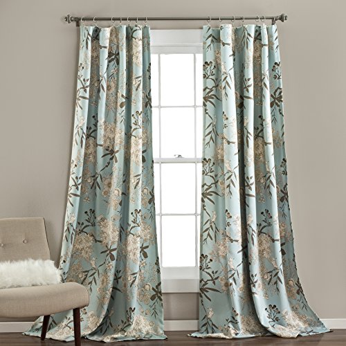 Lush Decor Botanical Garden Curtains Floral Bird Print Room Darkening Window Panel Drapes Set for Living, Dining, Bedroom (Pair), 84" x 52", Blue