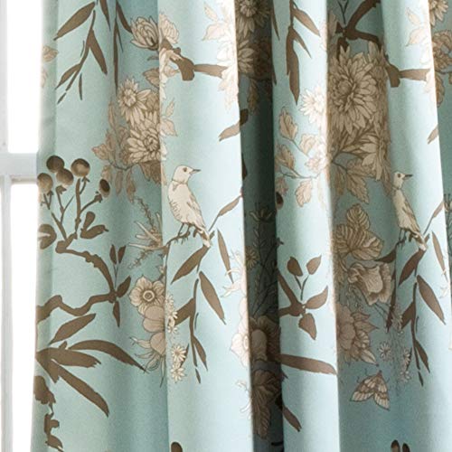 Lush Decor Botanical Garden Curtains Floral Bird Print Room Darkening Window Panel Drapes Set for Living, Dining, Bedroom (Pair), 84" x 52", Blue