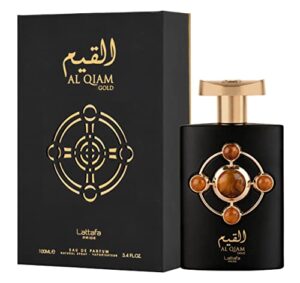 al qiam gold by lattafa pride eau de parfum 100ml(3.4 oz) | saffron, raspberry, patchouli, leather, amber, oud, guaiac, wood, vetiver, benzoin | by lattafa perfumes