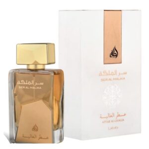 Ser Al Malika Attar Al Ghalia EDP (Eau De Parfum) for Women - 100ML (3.4 oz) I A fine fragrance with a smell of velvety, sensual I A force of femininity I Featuring notes: Vanilla, Woody Notes, Agarwood, Incense, Nutmeg, Lavender I By Lattafa Perfumes