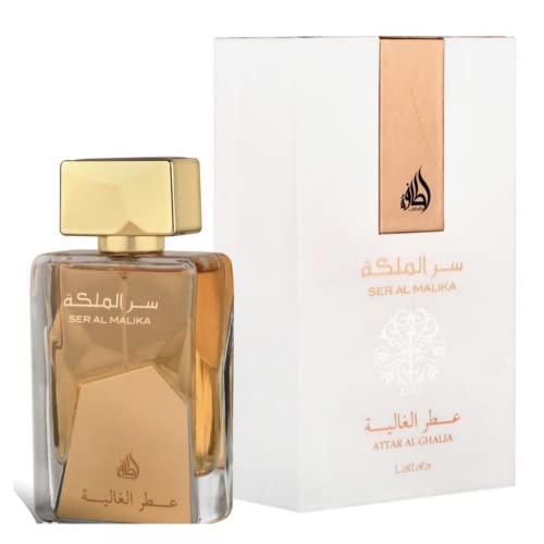 Ser Al Malika Attar Al Ghalia EDP (Eau De Parfum) for Women - 100ML (3.4 oz) I A fine fragrance with a smell of velvety, sensual I A force of femininity I Featuring notes: Vanilla, Woody Notes, Agarwood, Incense, Nutmeg, Lavender I By Lattafa Perfumes