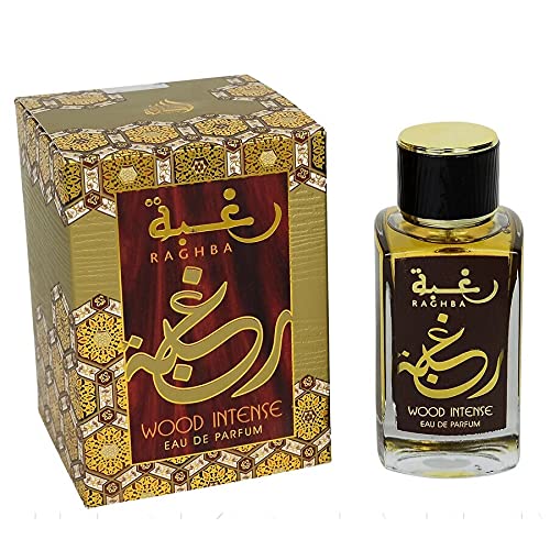 Raghba EDP (Eau De Parfum) I Middle Eastern baked sweets in a spice market scent I Warm, cozy, and smoky Vanilla add a sweet, elegance I Long - lasting and Great Silliage I by Lattafa Perfumes (Raghba Woody Intense)