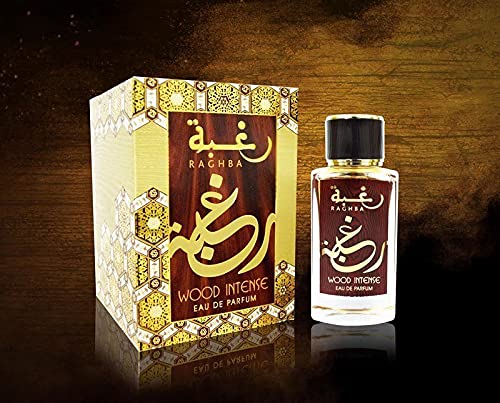 Raghba EDP (Eau De Parfum) I Middle Eastern baked sweets in a spice market scent I Warm, cozy, and smoky Vanilla add a sweet, elegance I Long - lasting and Great Silliage I by Lattafa Perfumes (Raghba Woody Intense)