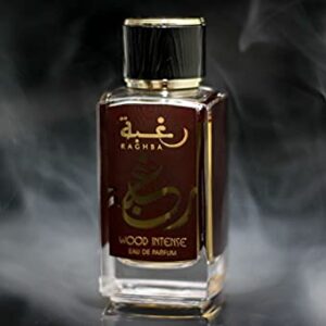 Raghba EDP (Eau De Parfum) I Middle Eastern baked sweets in a spice market scent I Warm, cozy, and smoky Vanilla add a sweet, elegance I Long - lasting and Great Silliage I by Lattafa Perfumes (Raghba Woody Intense)