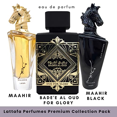 Lattafa Perfumes Maahir, Maahir Black Edition & Bade'e Al Oud for Glory EDP-100ml(3.4 oz) with Magnetic Gift Box Perfect for Gifting