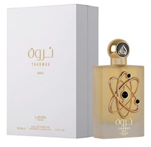 lattafa perfumes tharwah gold edp-100ml (3.4 oz) unisex | mint, bergamot clary sage, lavender cedarwood, musk, vetiver, jasmine