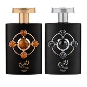 al qiam value pack by lattafa pride – al qiam gold & silver edp – eau de parfum unisex 100ml(3.4 oz) | saffron, raspberry patchouli, leather amber, oud, guaiac wood, vetiver, benzoin | grapefruit, ginger, ambrox, sandalwood, vetiver, musk | by lattafa per