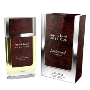 lattafa perfumes just oud boulevard edp-100 ml (3.4 oz) i blends spices,agarwood notes with softness of saffron i agarwood (oud),guaiac wood, vanilla,leather i suitable for any occasion i by lattafa