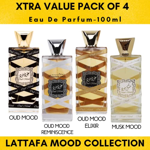 Lattafa Perfumes Oud Mood, Oud Mood Elixir, Oud Mood Reminicense & Musk Mood EDP-100ml(3.4oz) with Magnetic Gift Box