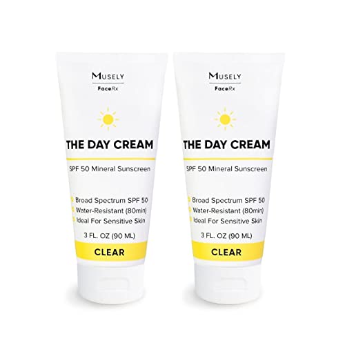 Musely Day Cream Mineral SPF 50, Clinical Grade Sunscreen, Broad-Spectrum, Water Resistant, 3 Fl Oz, Clear Color, 2x Bundle