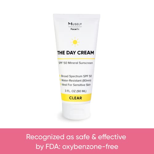 Musely Day Cream Mineral SPF 50, Clinical Grade Sunscreen, Broad-Spectrum, Water Resistant, 3 Fl Oz, Clear Color, 2x Bundle