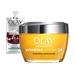 olay regenerist vitamin c + peptide 24 brightening face moisturizer for brighter skin, lightweight anti-aging cream for dark spots, includes olay whip travel size for dry