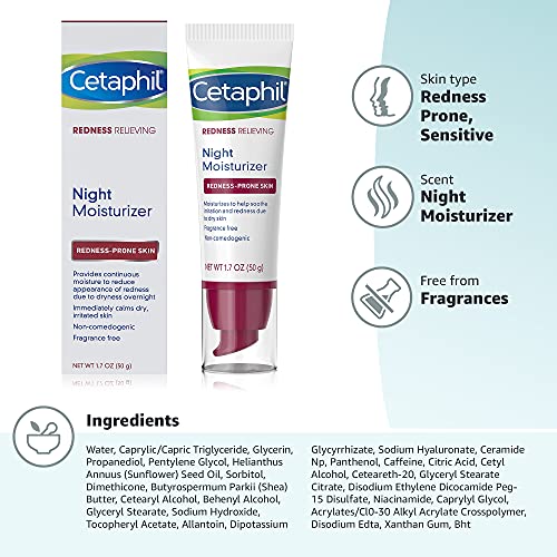 CETAPHIL Night Cream, Redness Relieving Night Moisturizer for Face, 1.7 fl oz, For Dry, Redness-Prone Skin, Hypoallergenic, Fragrance Free