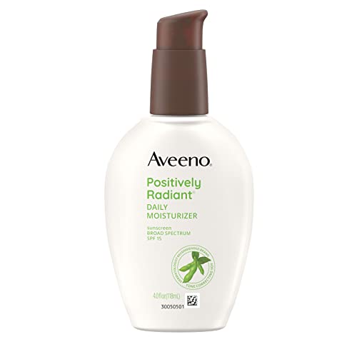 Aveeno Positively Radiant Daily Facial Moisturizer with Broad Spectrum SPF 15 Sunscreen & Soy, Improves the Look of Skin Tone & Texture, Hypoallergenic, Oil-Free, Non-Comedogenic, 4 fl. oz