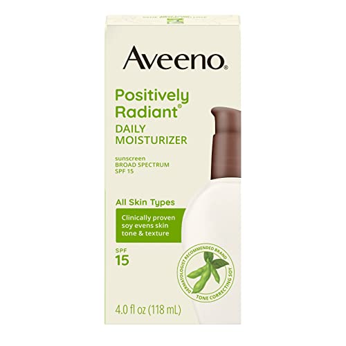 Aveeno Positively Radiant Daily Facial Moisturizer with Broad Spectrum SPF 15 Sunscreen & Soy, Improves the Look of Skin Tone & Texture, Hypoallergenic, Oil-Free, Non-Comedogenic, 4 fl. oz