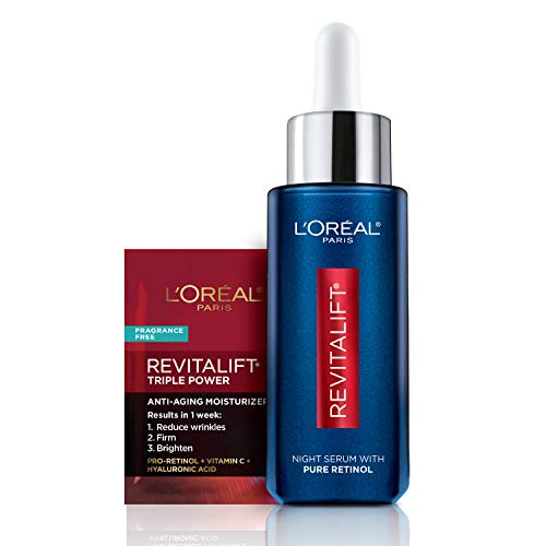 L'Oreal Paris Revitalift 0.3% Pure Retinol Night Serum, to Visibly Reduce Wrinkles, Even Deep Ones, Fragrance Free 1 oz + Moisturizer Sample