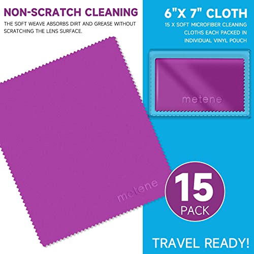 Metene 15 Pack Microfiber Cleaning Cloths (6"x7") in Individual Vinyl Pouches | Glasses Cleaning Cloth for Eyeglasses, Phone, Screens, Camera Lens and Other Delicate Surfaces Cleaner (Purple)