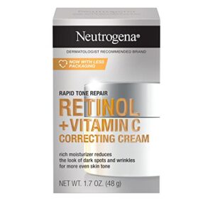 neutrogena rapid tone repair retinol + vitamin c correcting cream, tone evening face & neck cream with vitamin c, retinol & hyaluronic acid for dark spots, fine lines & wrinkles, 1.7 oz