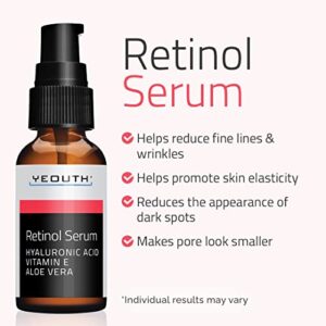 Retinol Serum for Face with Hyaluronic Acid, Hydrating Night Serum for Face, Retinol for Acne, Wrinkle & Dark Spots, Anti Aging Serum, Retinol for Face, Skin Care Face Serum for Men & Women by YEOUTH