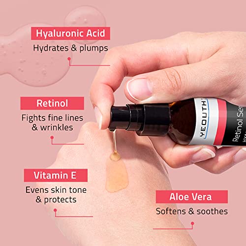 Retinol Serum for Face with Hyaluronic Acid, Hydrating Night Serum for Face, Retinol for Acne, Wrinkle & Dark Spots, Anti Aging Serum, Retinol for Face, Skin Care Face Serum for Men & Women by YEOUTH