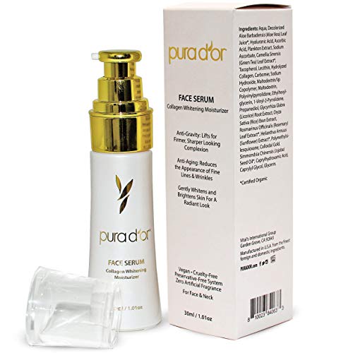 PURA D'OR Face Serum Collagen Whitening Moisturizer (30mL) - Whitens & Brightens Skin For Radiant, Firmer, Sharper Looking Complexion, Reduces the Appearance of Fine Lines & Wrinkles - For Face & Neck