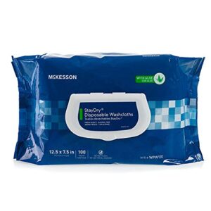 mckesson staydry disposable wipes or washcloths for adults with aloe, incontinence, alcohol-free, not-flushable, 100 wipes, 6 packs, 600 total