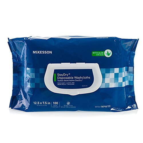 McKesson StayDry Disposable Wipes or Washcloths for Adults with Aloe, Incontinence, Alcohol-Free, Not-Flushable, 100 Wipes, 6 Packs, 600 Total