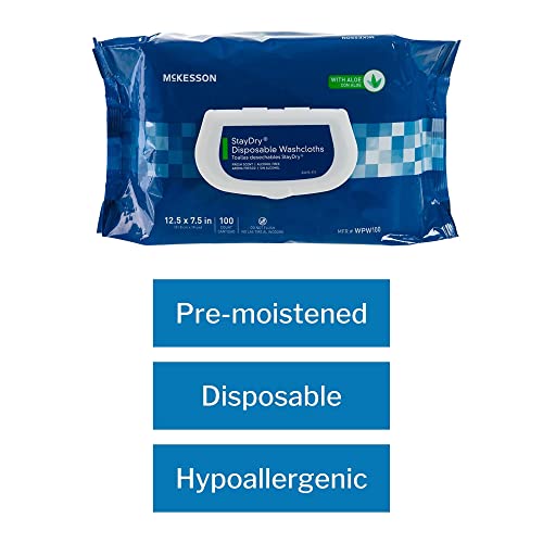 McKesson StayDry Disposable Wipes or Washcloths for Adults with Aloe, Incontinence, Alcohol-Free, Not-Flushable, 100 Wipes, 6 Packs, 600 Total