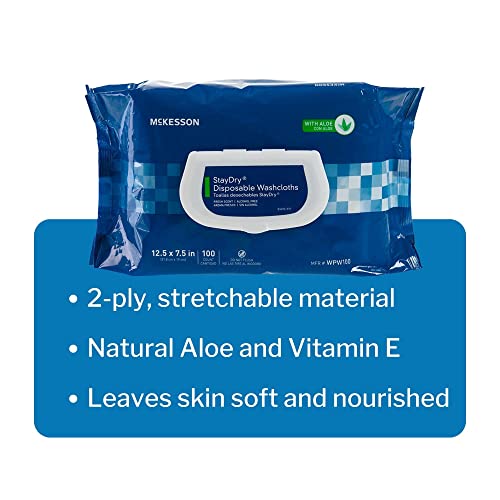 McKesson StayDry Disposable Wipes or Washcloths for Adults with Aloe, Incontinence, Alcohol-Free, Not-Flushable, 100 Wipes, 6 Packs, 600 Total