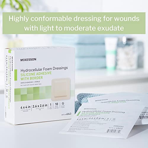 McKesson Hydrocellular Foam Dressings, Sterile, Silicone Adhesive with Border, Dimension 4 in x 4 in, Pad 3 in x 3 in, 10 Count, 1 Pack