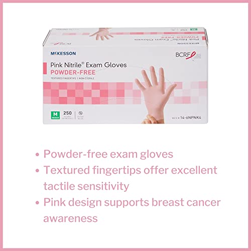 McKesson Pink Nitrile Exam Gloves - Powder-Free, Latex-Free, Ambidextrous, Textured Fingertips, Non-Sterile - Size Medium, 250 Count, 1 Box