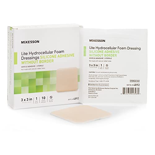 McKesson Lite Hydrocellular Foam Dressings, Sterile, Silicone Adhesive Without Border, 3 in x 3 in, 10 Count, 1 Pack