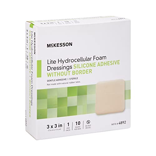 McKesson Lite Hydrocellular Foam Dressings, Sterile, Silicone Adhesive Without Border, 3 in x 3 in, 10 Count, 1 Pack