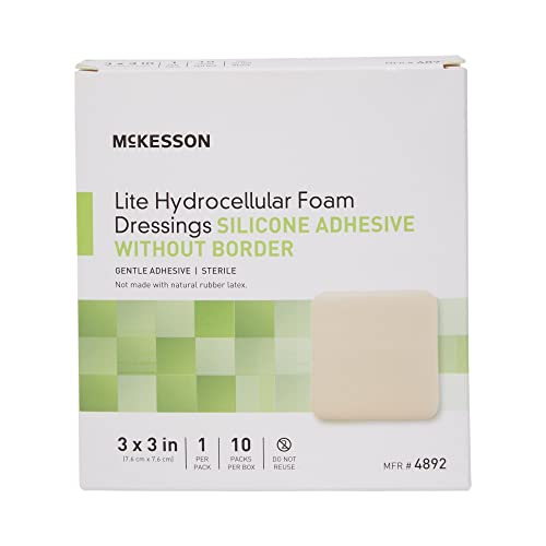 McKesson Lite Hydrocellular Foam Dressings, Sterile, Silicone Adhesive Without Border, 3 in x 3 in, 10 Count, 1 Pack