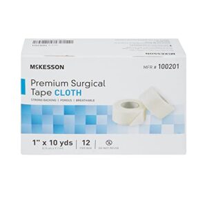 McKesson Premium Surgical Tape, Non-Sterile, High Adhesion Silk-Like Cloth, 1 in x 10 yd, 12 Rolls, 1 Pack