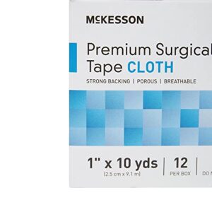 McKesson Premium Surgical Tape, Non-Sterile, High Adhesion Silk-Like Cloth, 1 in x 10 yd, 12 Rolls, 1 Pack